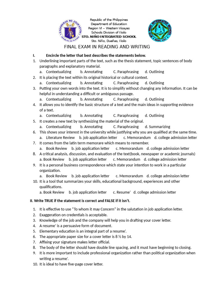 Final Exam in Reading and Writing | PDF