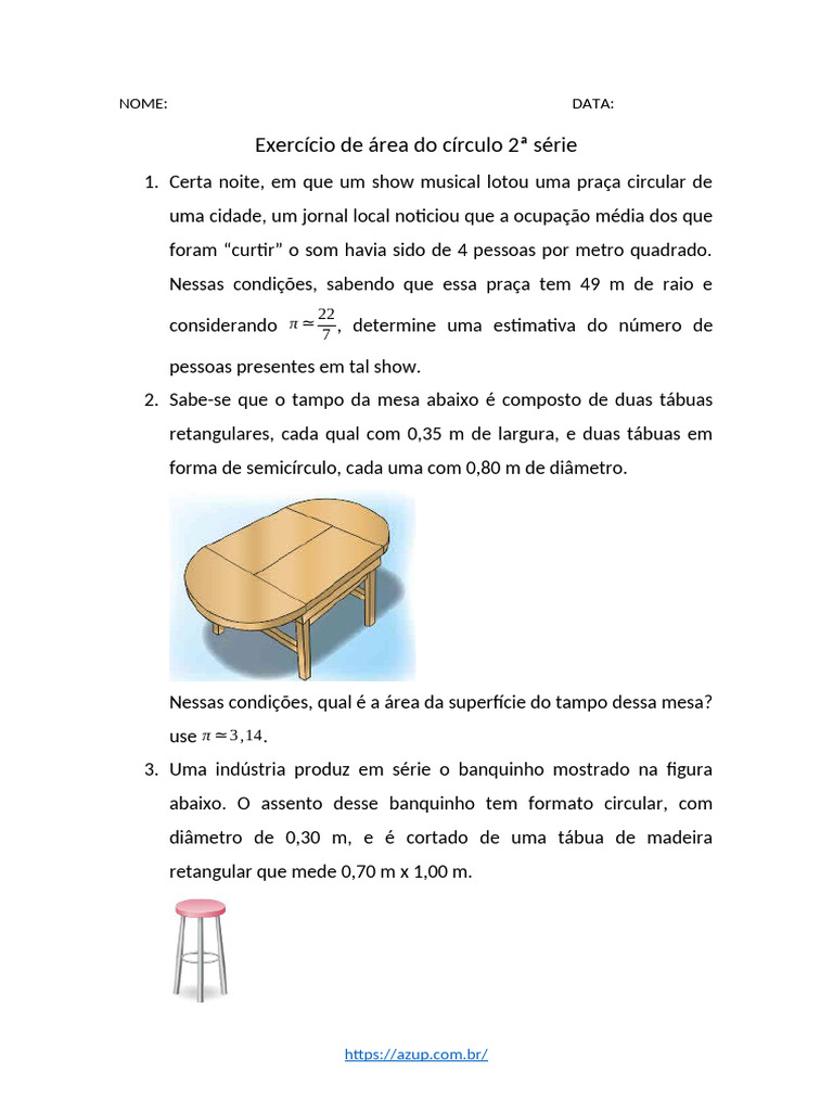 Exercício de Área Do Círculo 2 Série | PDF
