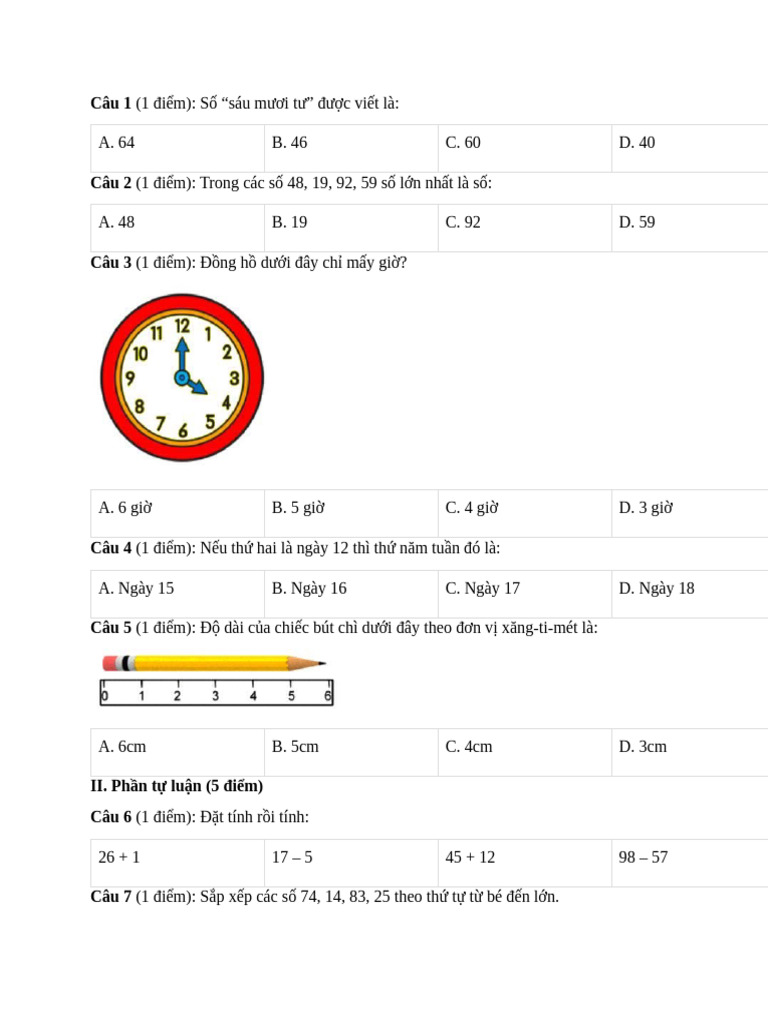 De Thi Toan Lop 2 de 1 | PDF