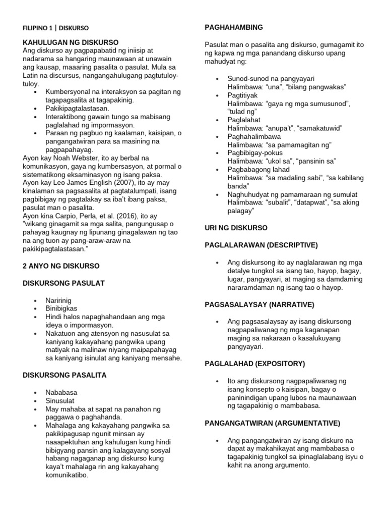 Filipino 1 Diskurso Sem 1 | PDF