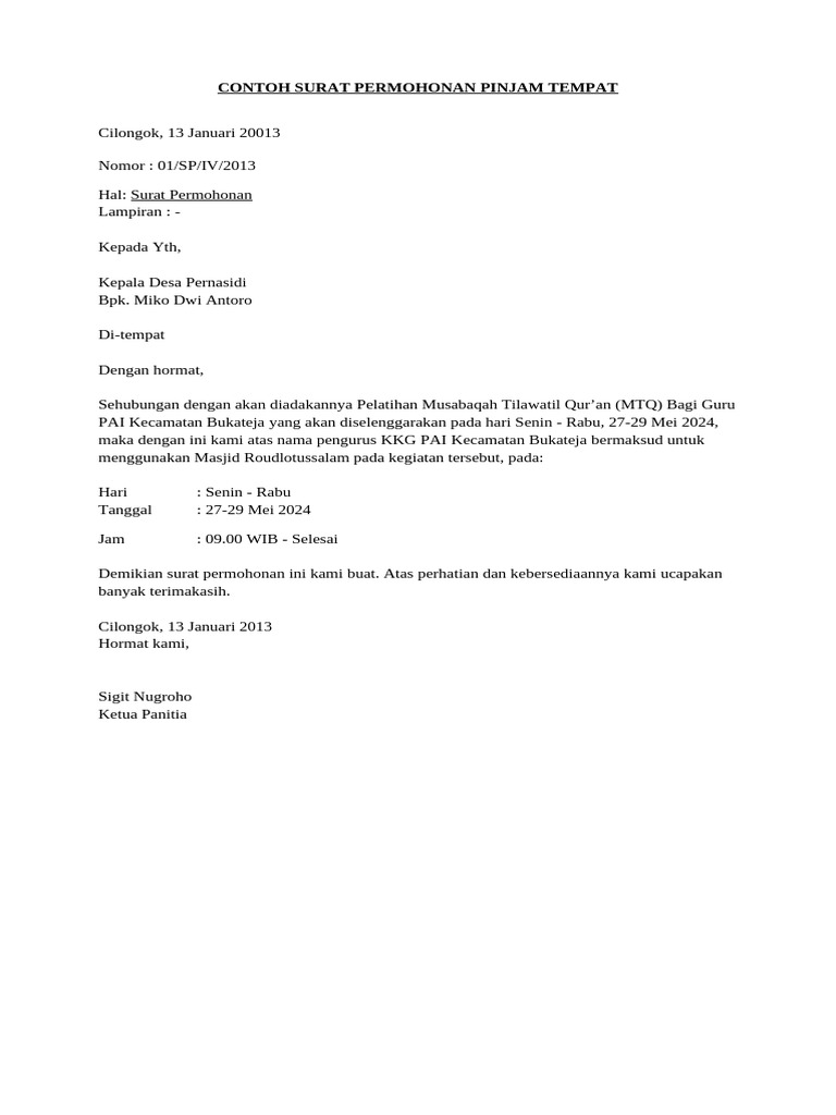 Contoh Surat Permohonan Pinjam Tempat | PDF
