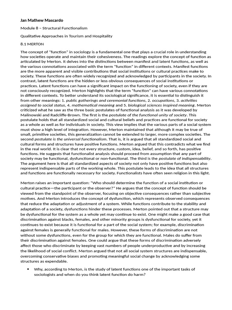 Module 8 - Structural Functionalism | PDF | Cognition | Behavioural Sciences