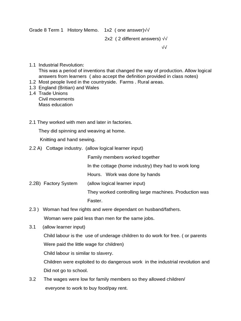 Grade 8 Term 1 History Memo INDUSTRIAL REV | PDF
