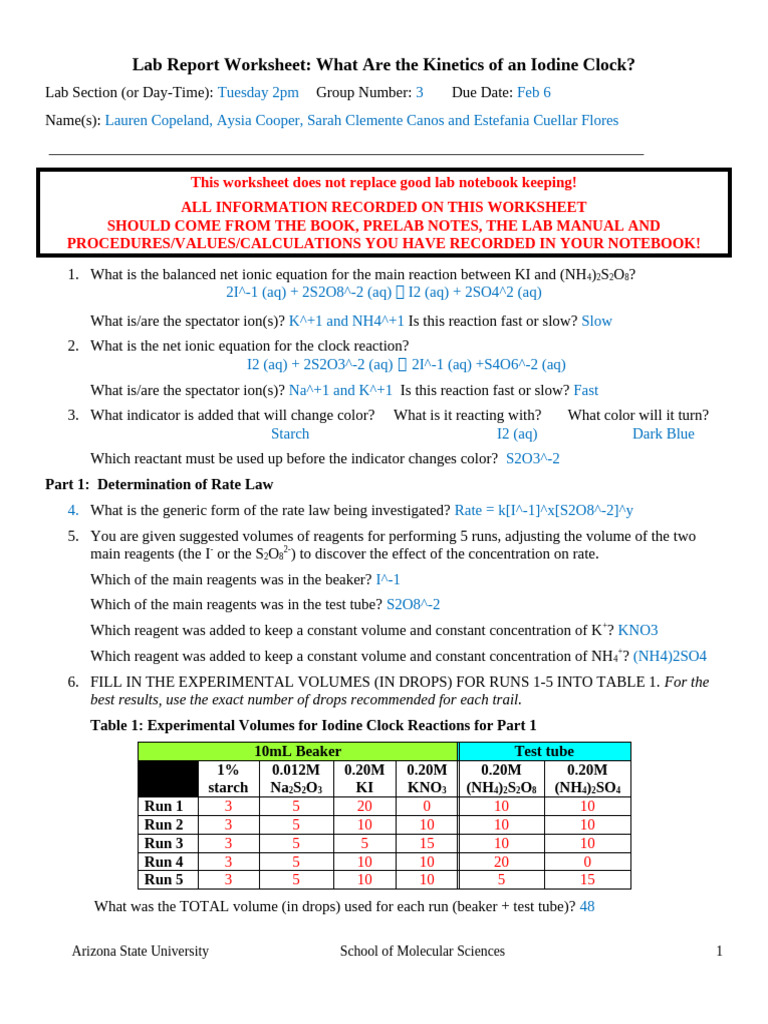 What Are The Kinetics of An Iodine Clock Reaction WORKSHEET STUDENT ...