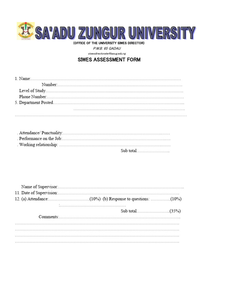 New Siwes Assessement Form A | PDF