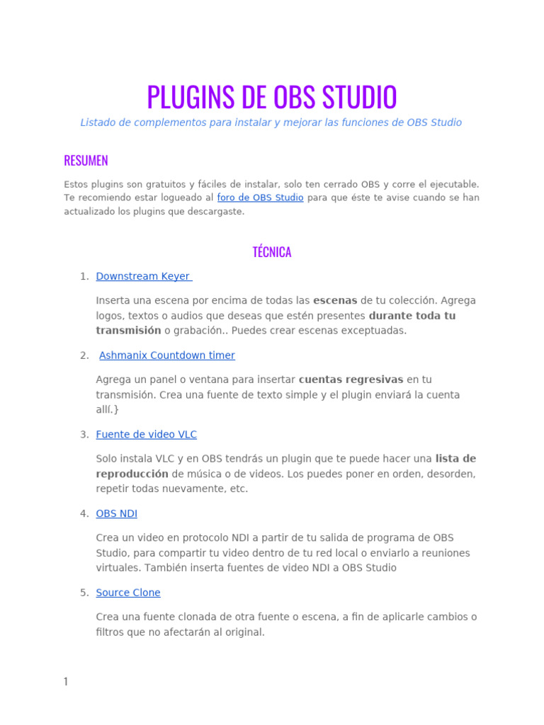 LIsta de Plugins de OBS Studio | PDF