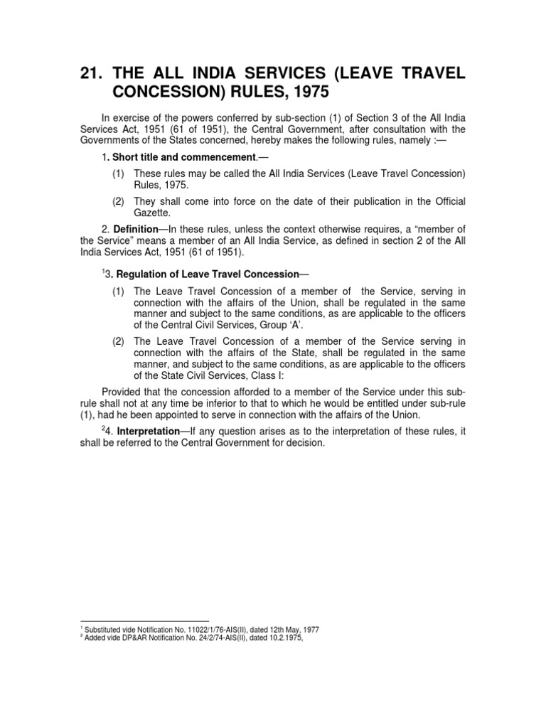 21.the All India Serivces (Leave Travel Concession) Rules, 1975 (Updated Up To 15th March, 2008 ...