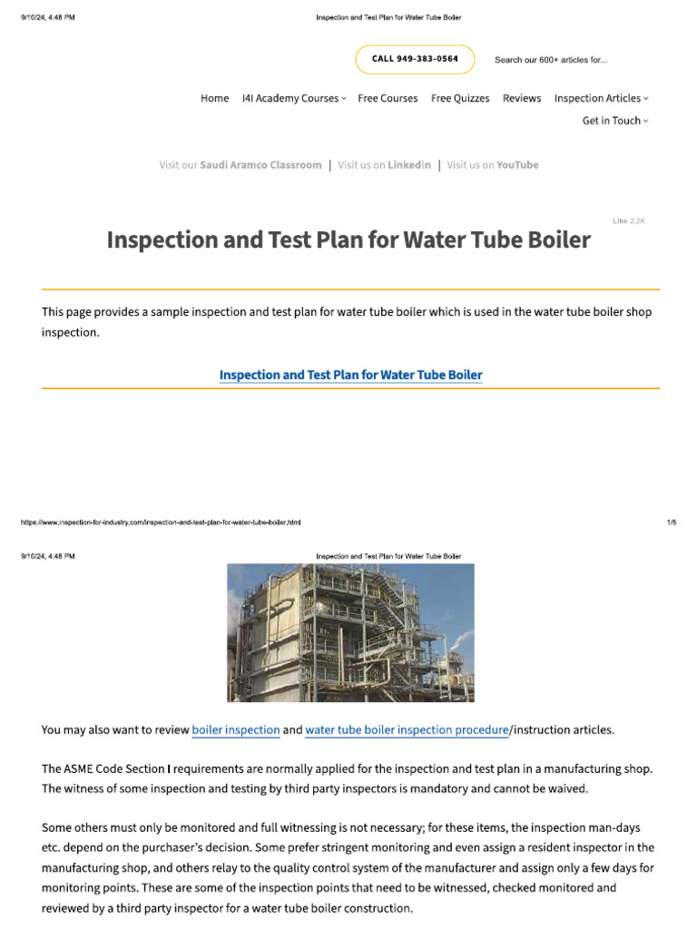Inspection Test Plan For Water Tube Boiler | PDF
