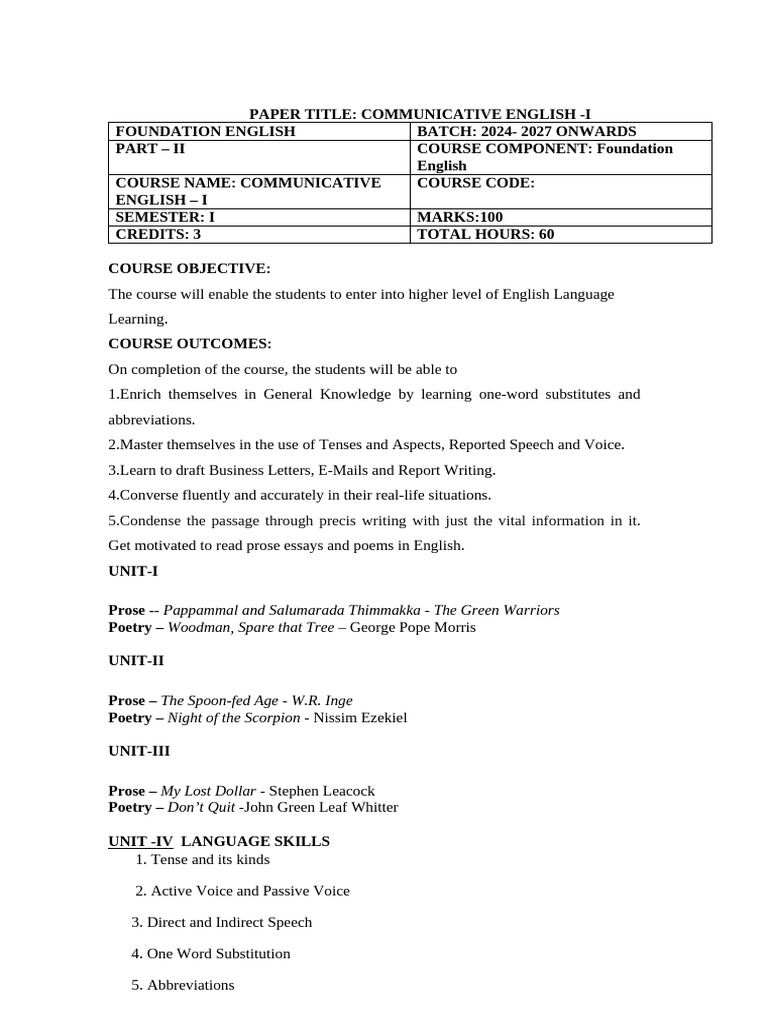 Communicative English B, Com., Stream Syllabus Sem I (2024-25 Batch ...