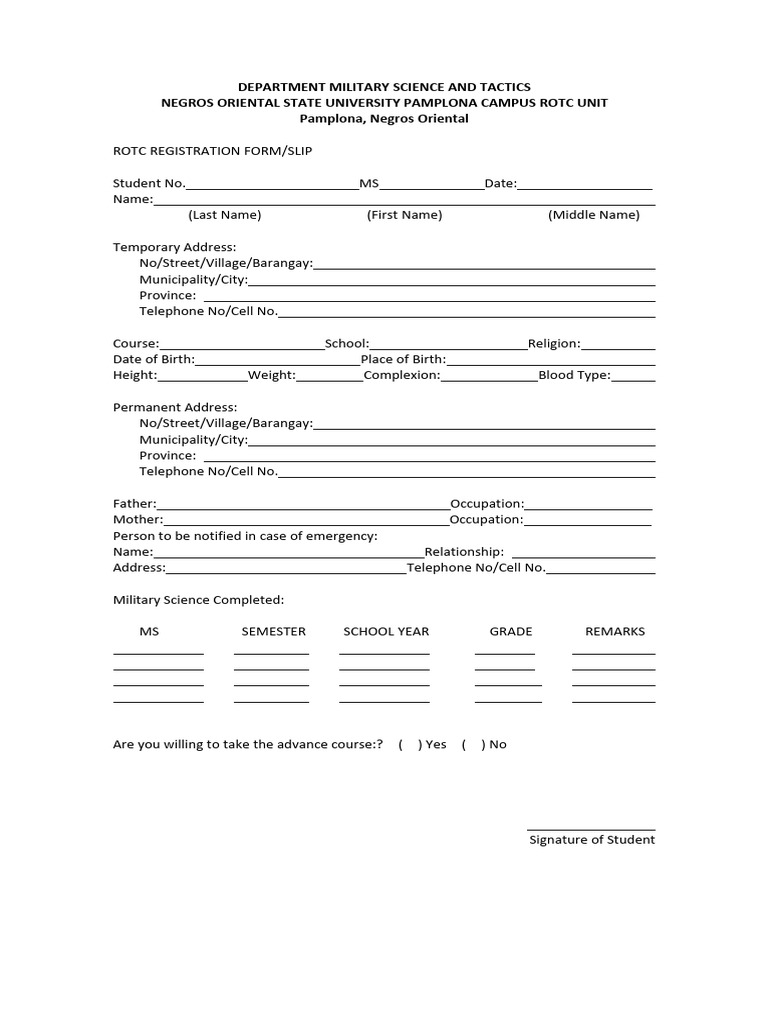 Rotc Enrollment Form | PDF