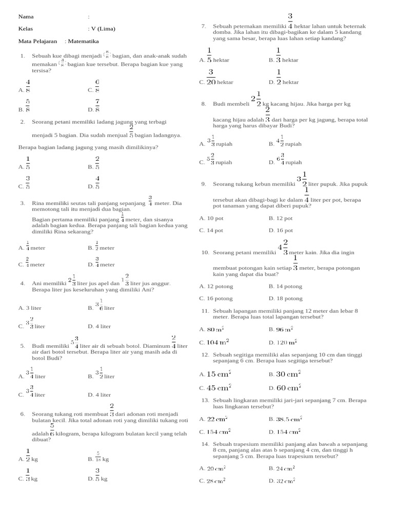 Soal Matematika Kls 5 2024 | PDF