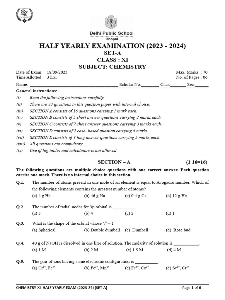 Chemistry - Xi Half Yearly Exam (2023-24) (Set-A) | PDF