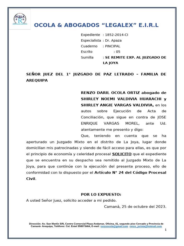 Escrito Remitir Exp Valdivia Huarachi | PDF