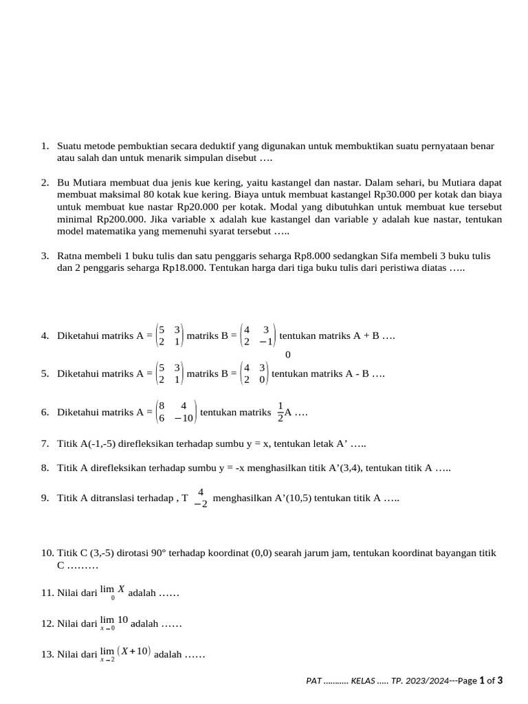 Format Soal Pat Matematika Kelas Xi Smk Nurul Azhar Tahun 2024 | PDF