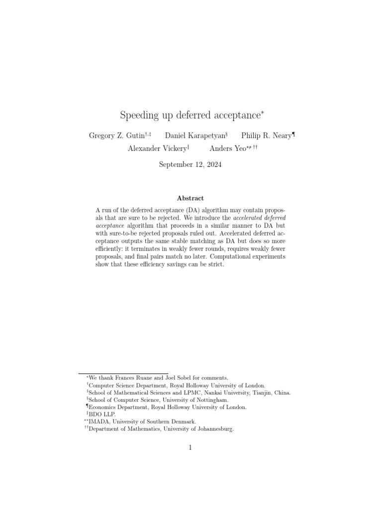 Speeding Up Deferred Acceptance | PDF | Mathematics | Theoretical ...