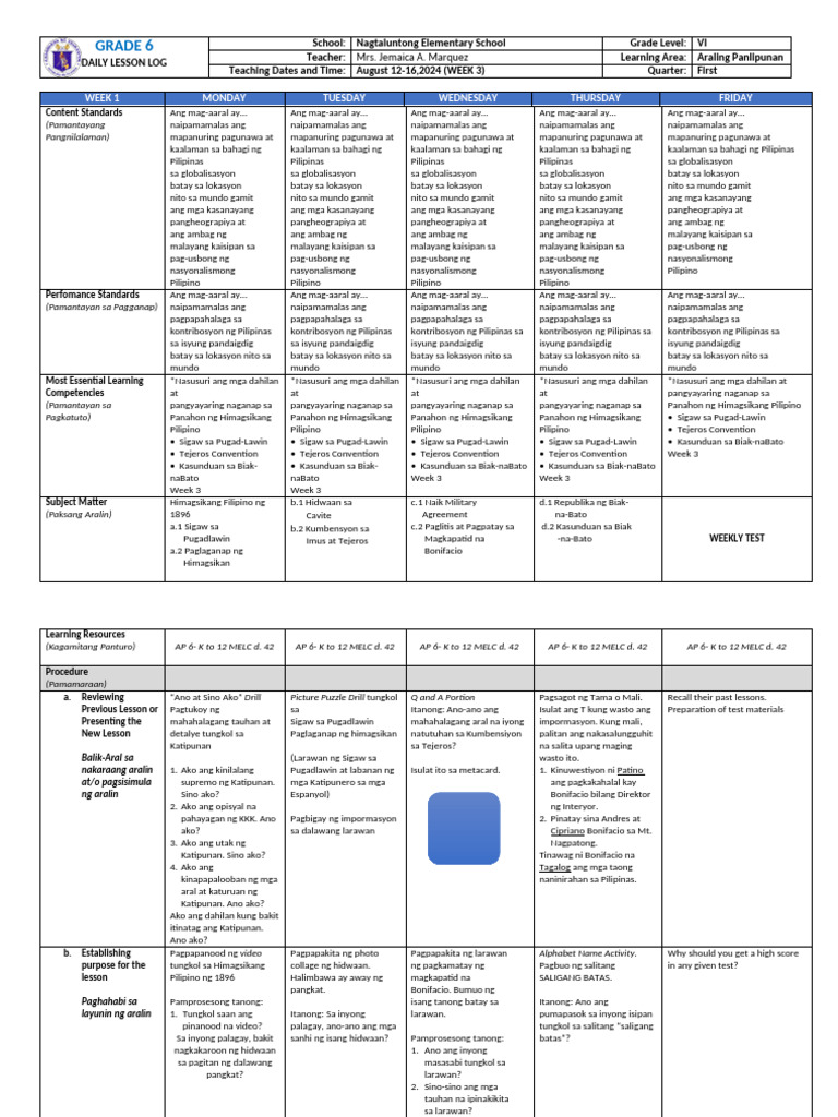 DLL - AP6 WEEK 3 - Q1 by Teacher KJ VAL | PDF