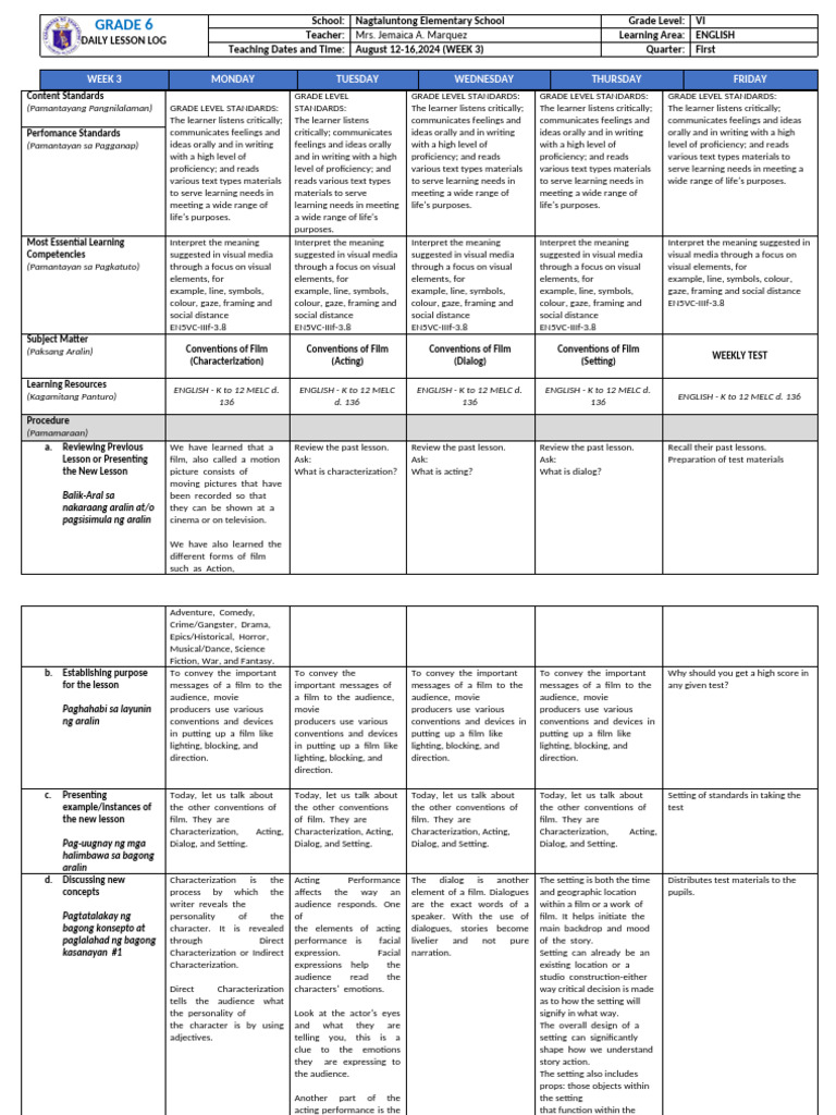 DLL ENG 6 WEEK 3 - Q1 by Teacher KJ VAL | PDF | Harry Potter | Language ...