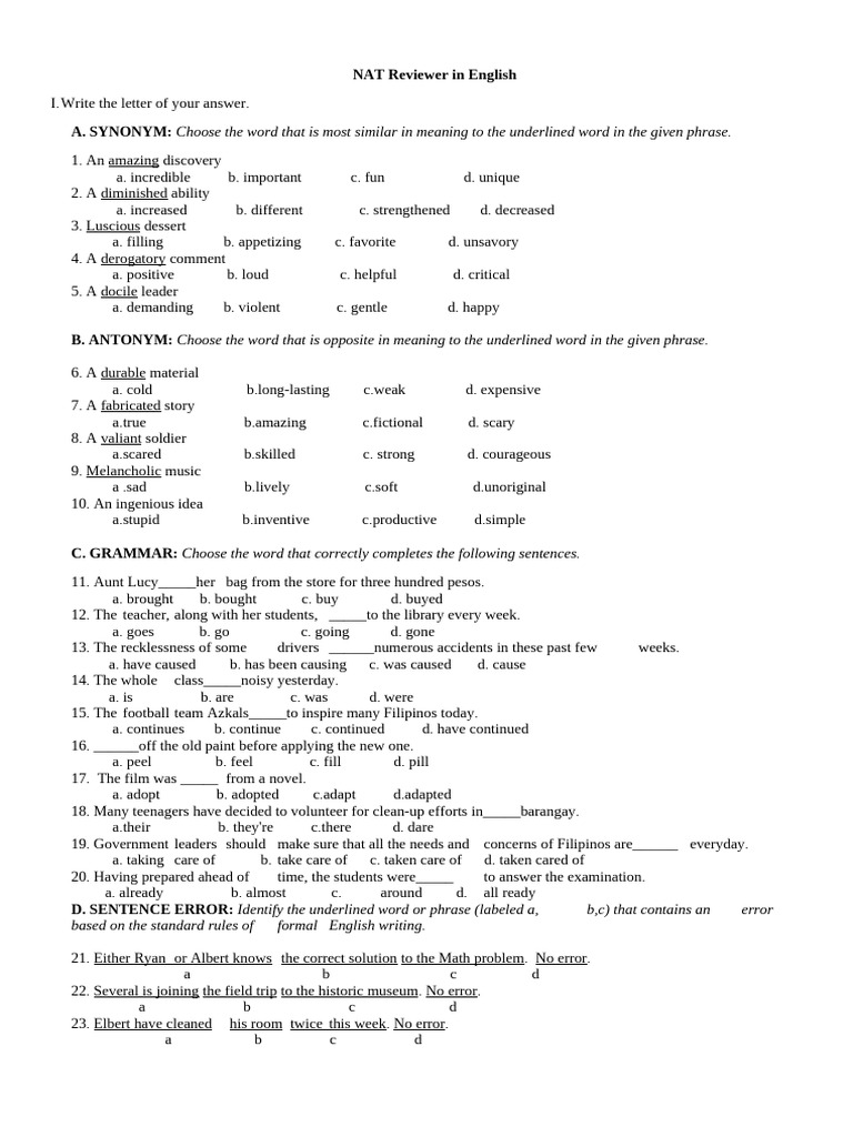 NAT Reviewer in English | PDF