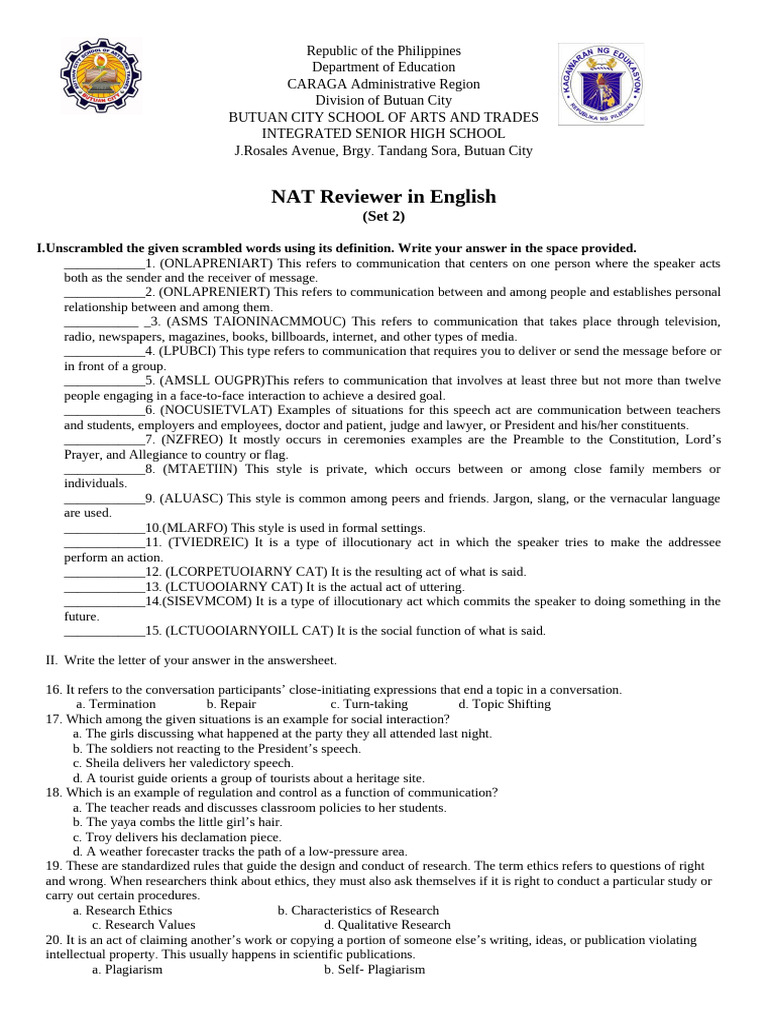NAT Reviewer in English SET 2 | PDF