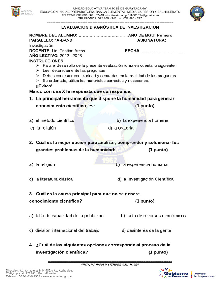 EVA. DIAG. INVESTIGACIÓN 1ro BGU | PDF