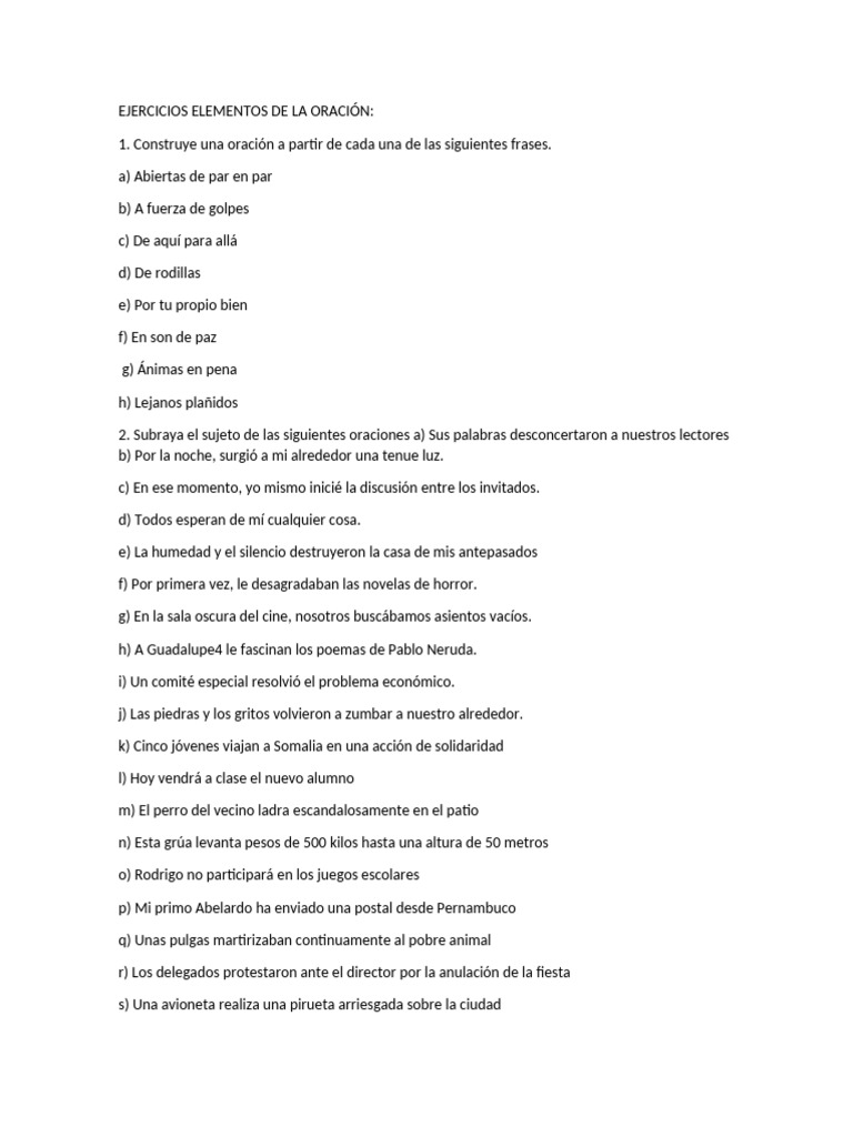 Ejercicios Elementos de La Oración | PDF