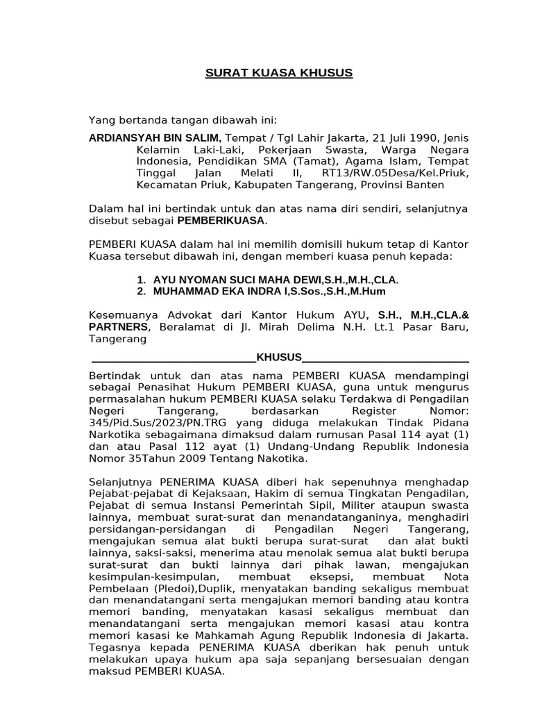 Surat Kuasa Khusus Perkara Pidana | PDF Surat Kuasa Khusus Perkara Pidana | PDF