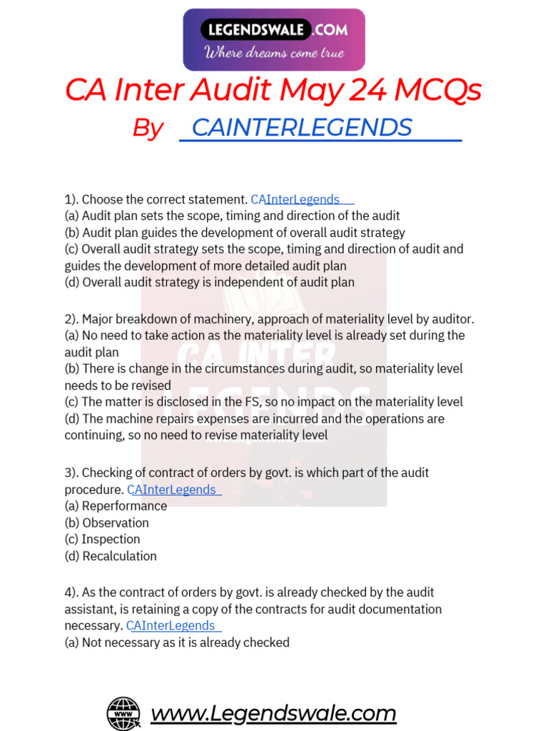 Audit M24 Exam MCQs @CAInterLegends | PDF
