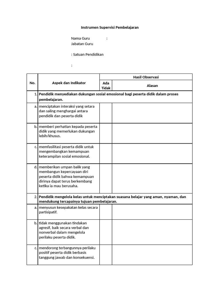 Instrumen Supervisi Pembelajaran | PDF