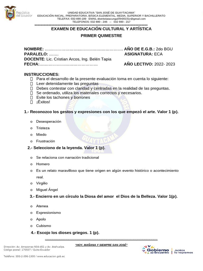 Evaluacion 1er Quimestre Eca - 2do | PDF