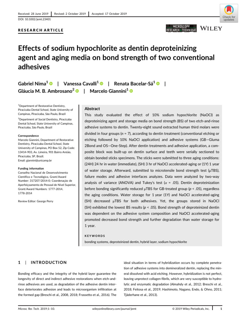 Effects of Sodium Hypochlorite As Dentin Deproteinizing Agent and Aging ...