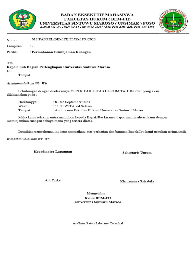 Surat Peminjaman Ruangan BEM | PDF