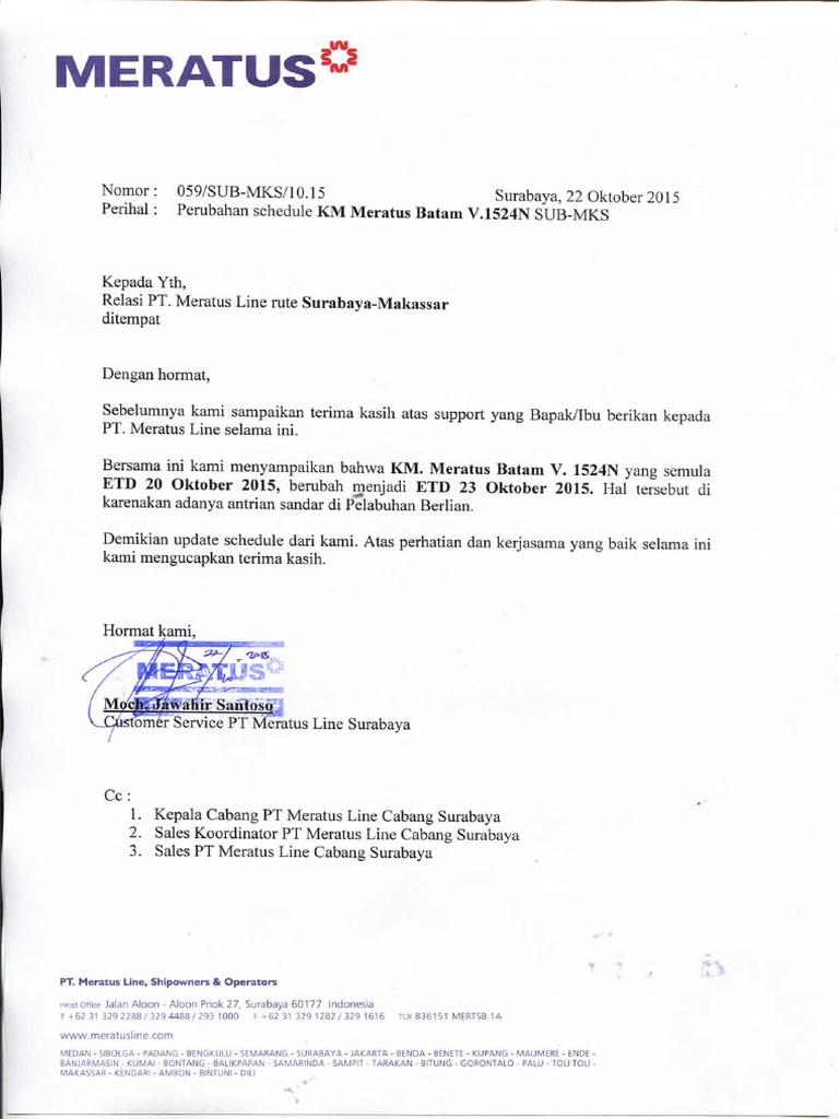 059 Surat Pemberitahuan KM Meratus Batam V 1524n | PDF