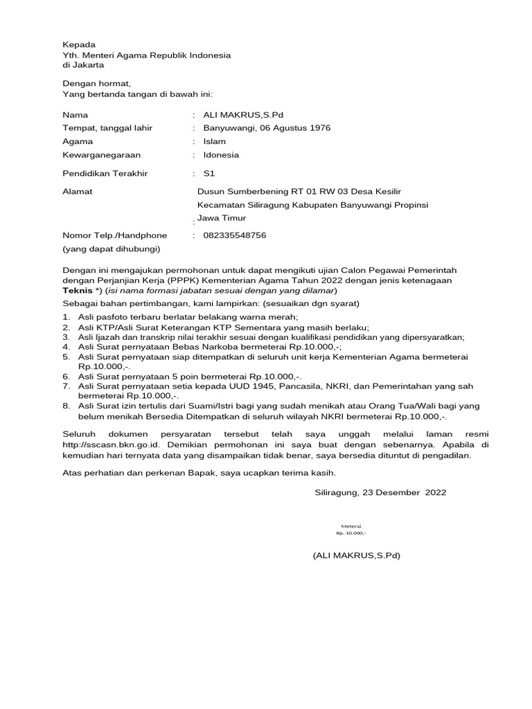 Contoh Surat Lamaran CPPPK Ali MAKRUS | PDF