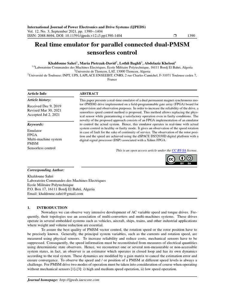 Real Time Emulator For Parallel Connected Dual Pmsm Sensorless Control