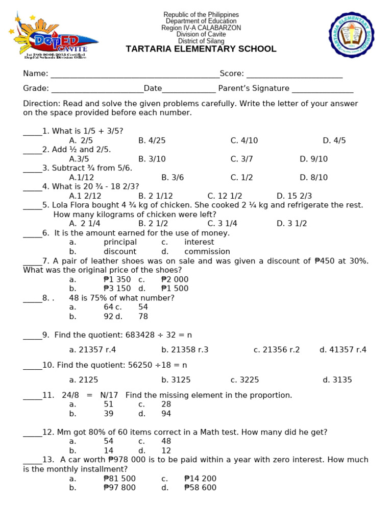 NAT 6 Test MATH | PDF