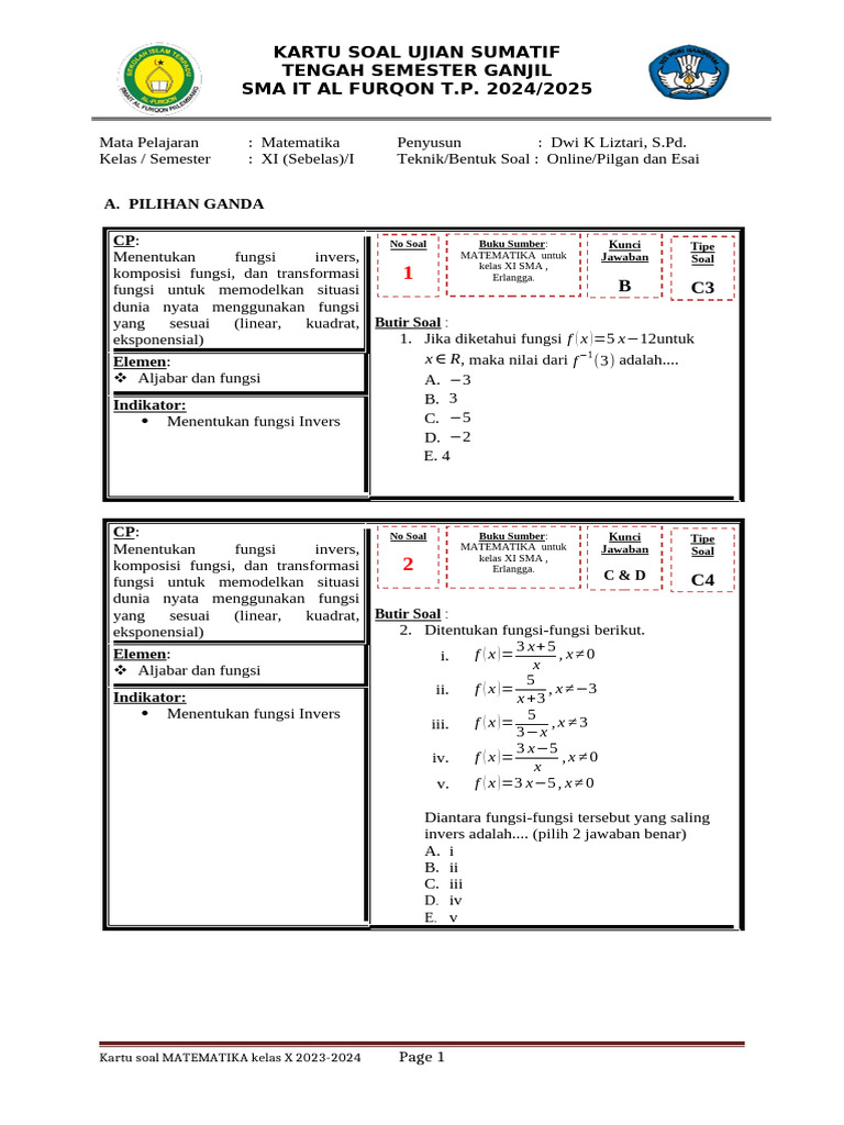 Format Kartu Soal Usts Ganjil T.P. 2024-2025 Sma Af | PDF