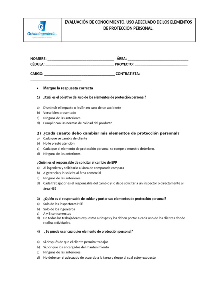 Examen Del Uso Adecuado de Los Epp Marzo | PDF