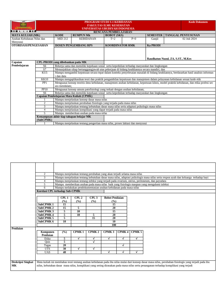 RPS Asuhan Kebidanan Nifas Dan Menyusui | PDF RPS Asuhan Kebidanan Nifas Dan Menyusui | PDF