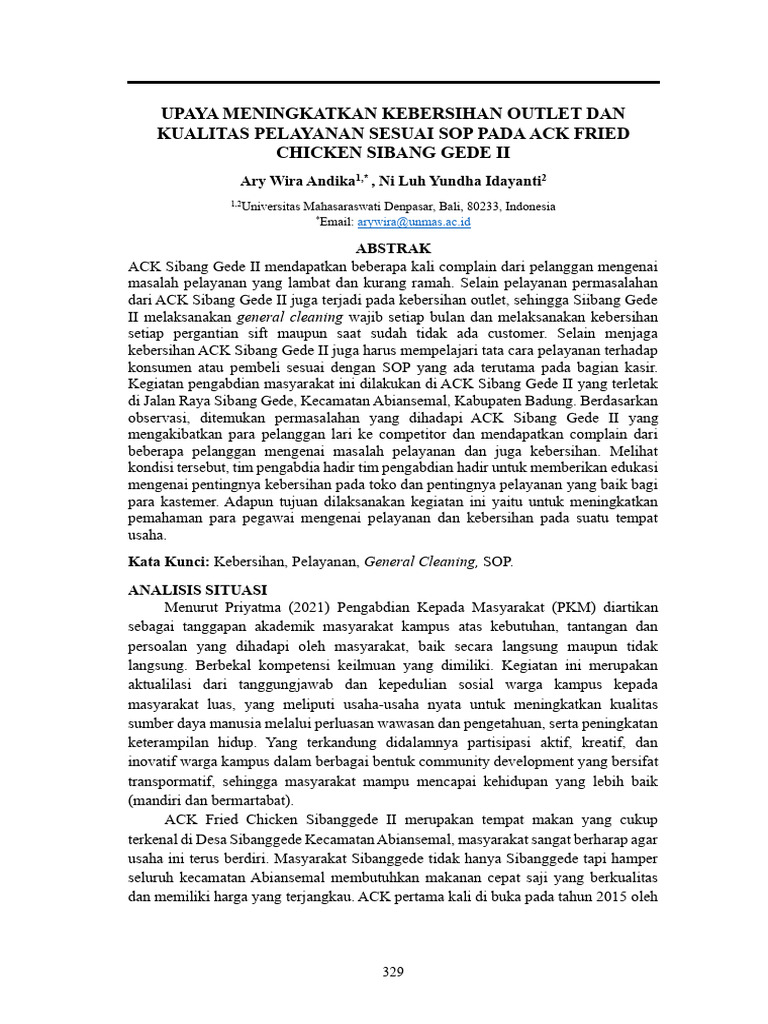 Upaya Meningkatkan Kebersihan Outlet Dan Kualitas Pelayanan Sesuai Sop Pada Ack Fried Chicken ...