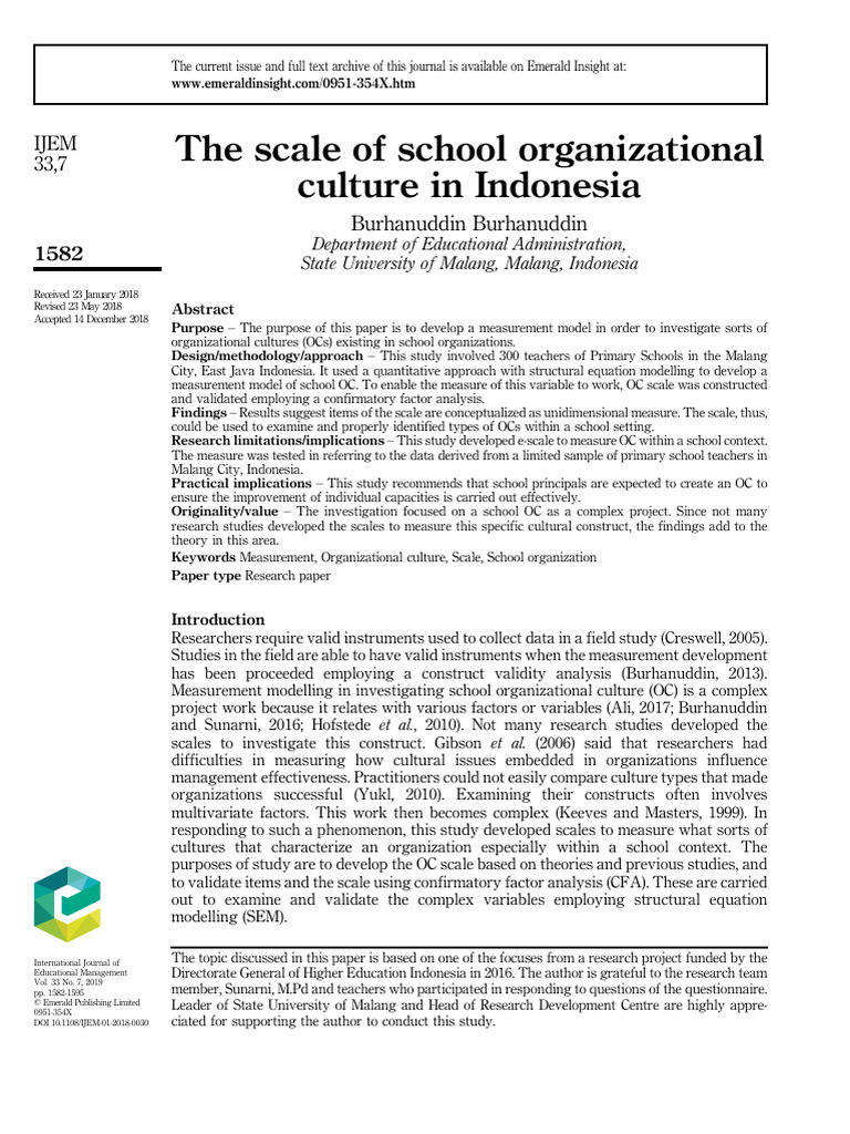 Scale of School Organization Culture in Indonesia 2019 | PDF