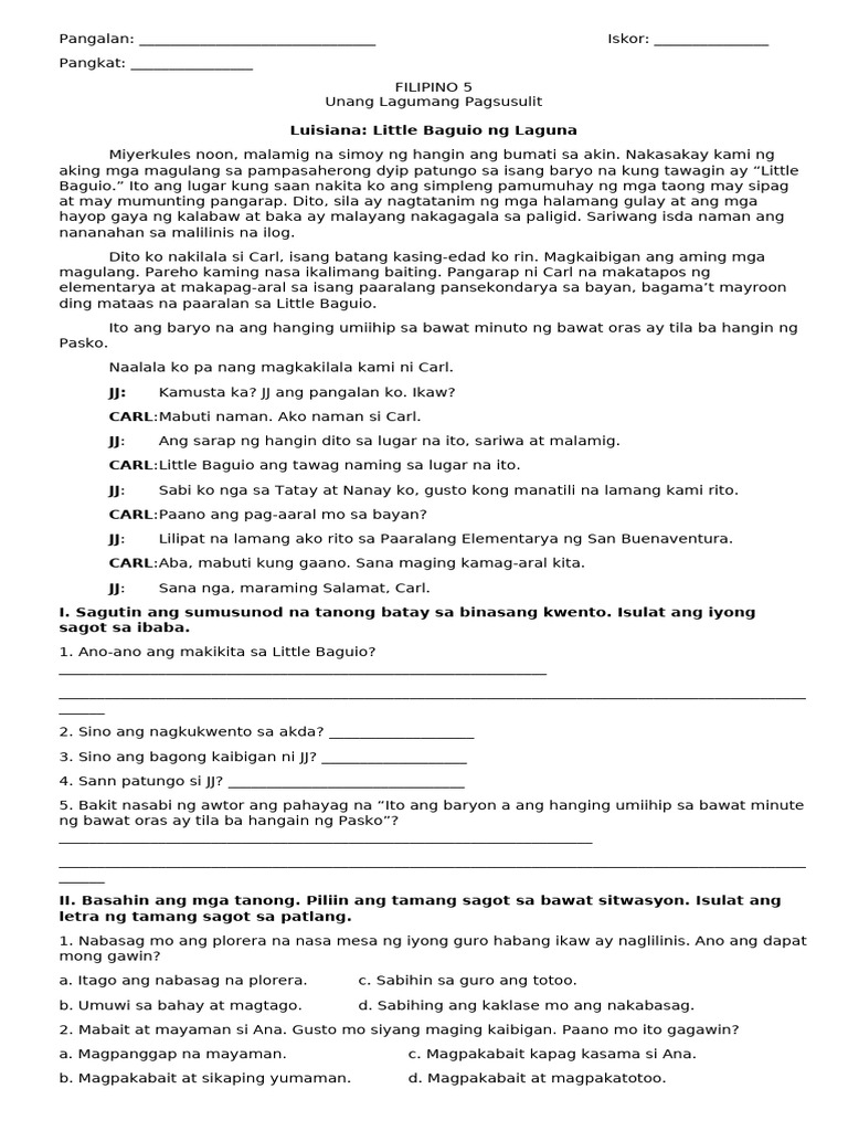 Summative Test Filipino 5 | PDF