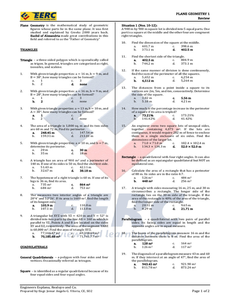 Plane Geometry 1 (Review Handout) | PDF