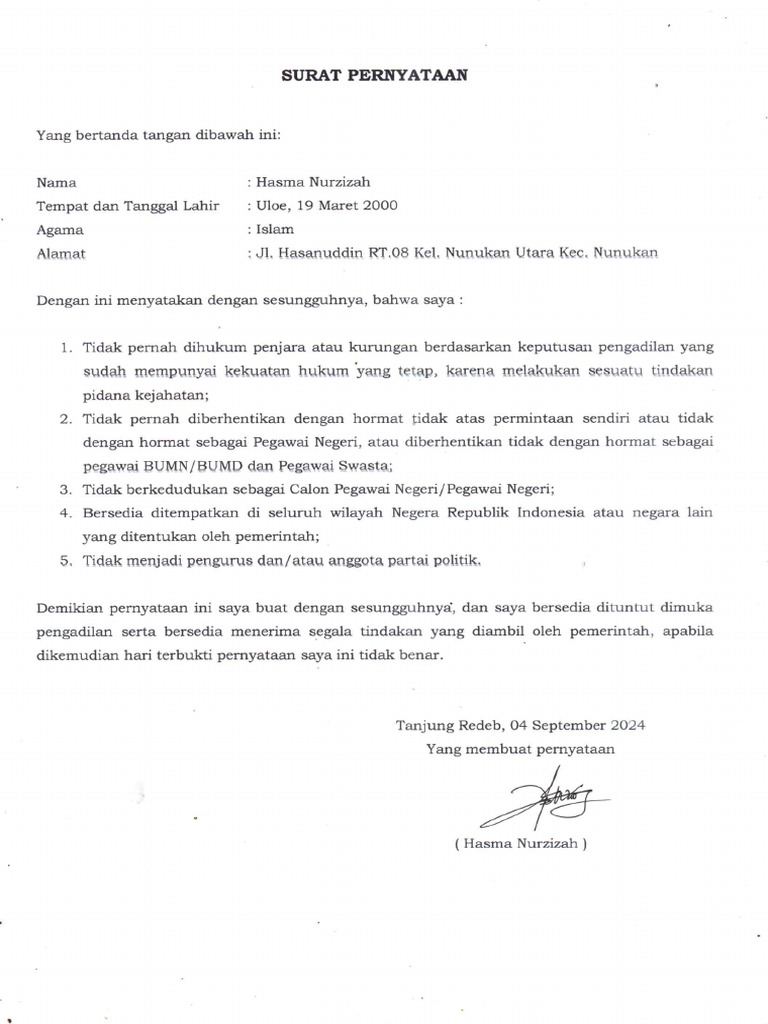 Surat Pernyataan Hasma 1 | PDF