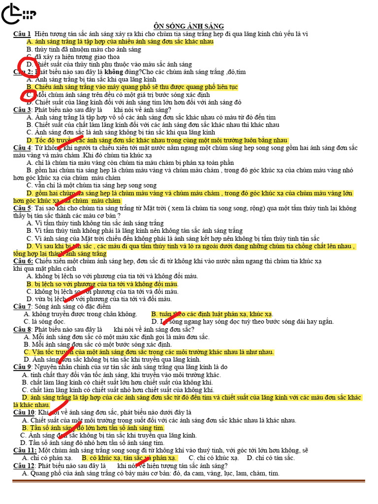 Ôn Sóng Ánh Sáng HK2 | PDF