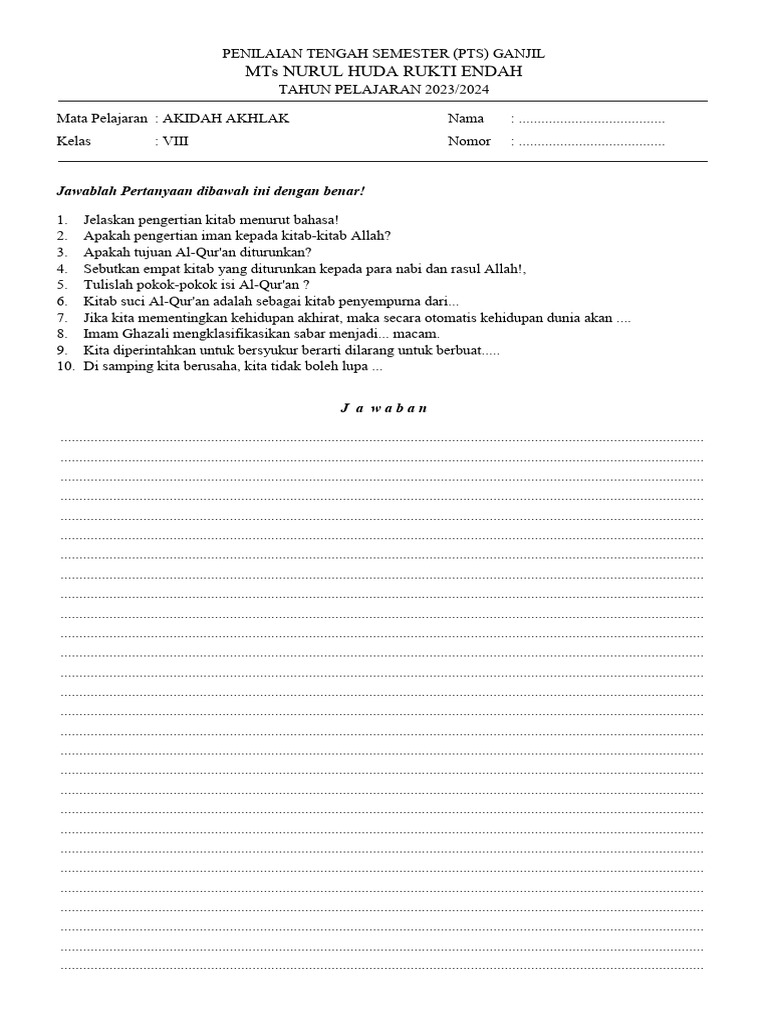 Soal PTS Akidah Akhlak Kelas VIII Semester 1 | PDF