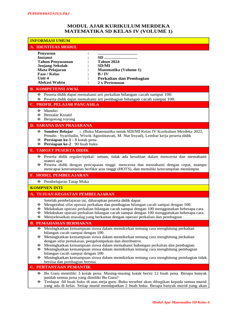 Modul Ajar Perkalian Kelas 4 SD | PDF | Karier & Perkembangan ...