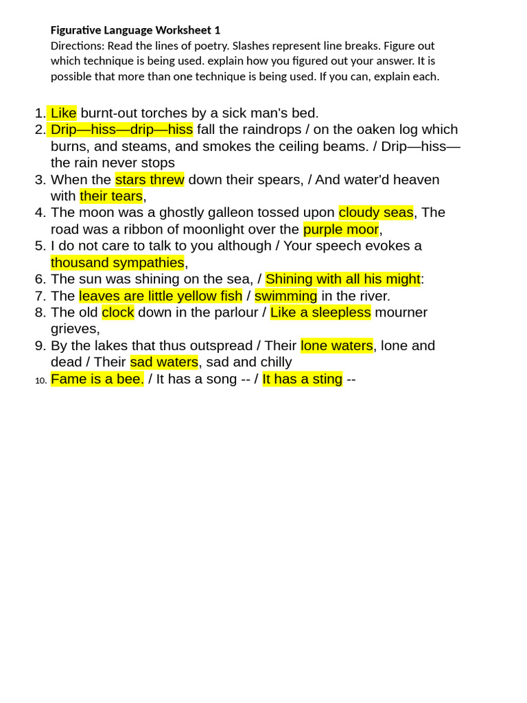 Figurative Language Worksheet 1 | PDF