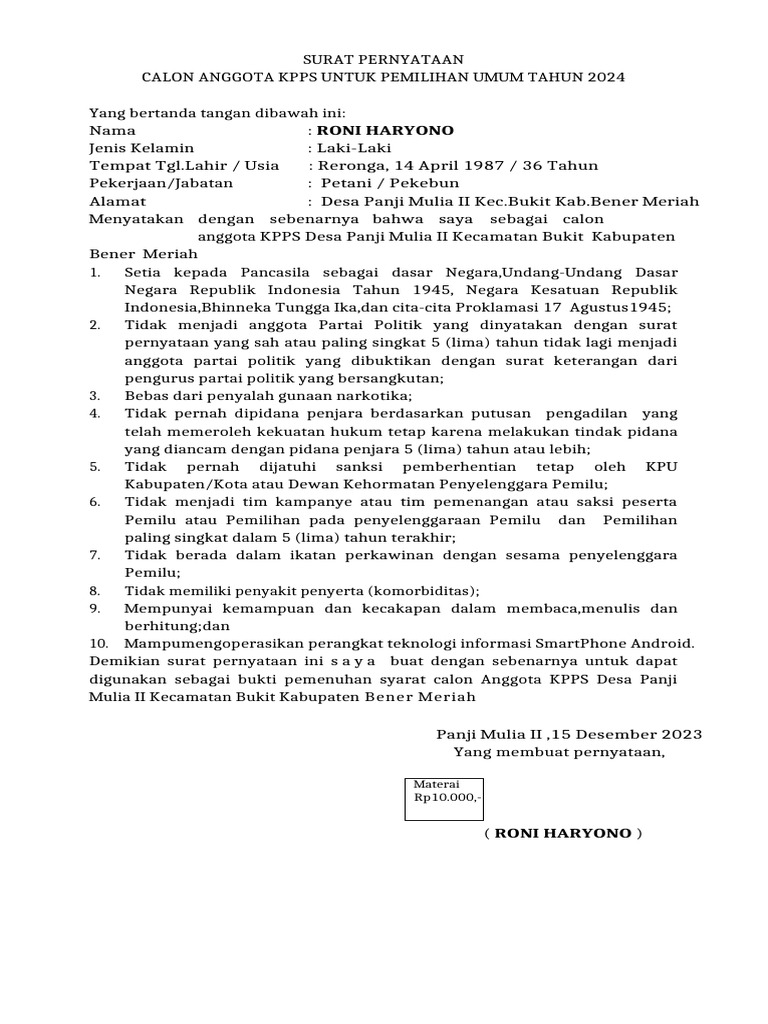 Surat Pernyataan KPPS | PDF