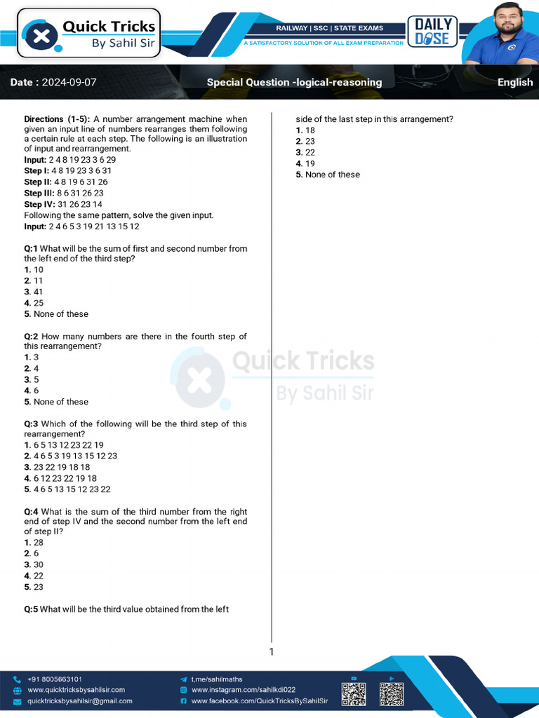 Special Question - Logical-Reasoning English 2024-09-07 Quicktricks | PDF