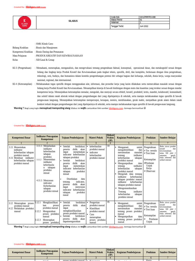 Silabus PKK - Xii BDP | PDF
